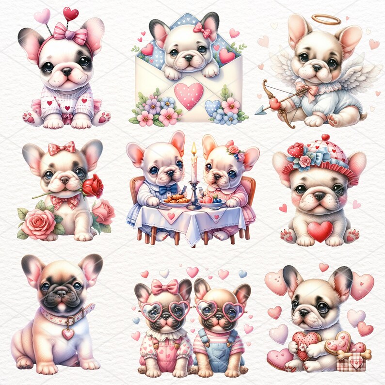 Valentine's Day Animal, Watercolor Clipart, French Bulldog, Valentine's ...