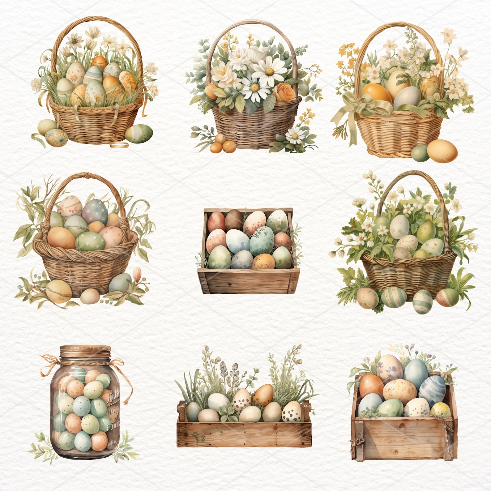 Watercolor Easter Clipart, Rustic Easter, Easter Bunny, Easter Eggs ...