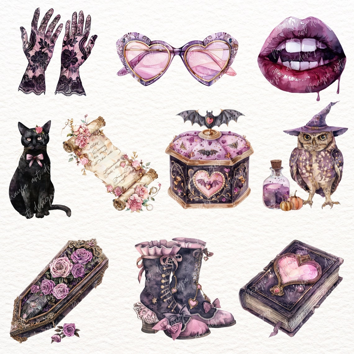 Watercolor Halloween Clipart: Witch, Skull, Pumpkin PNG (digital ...