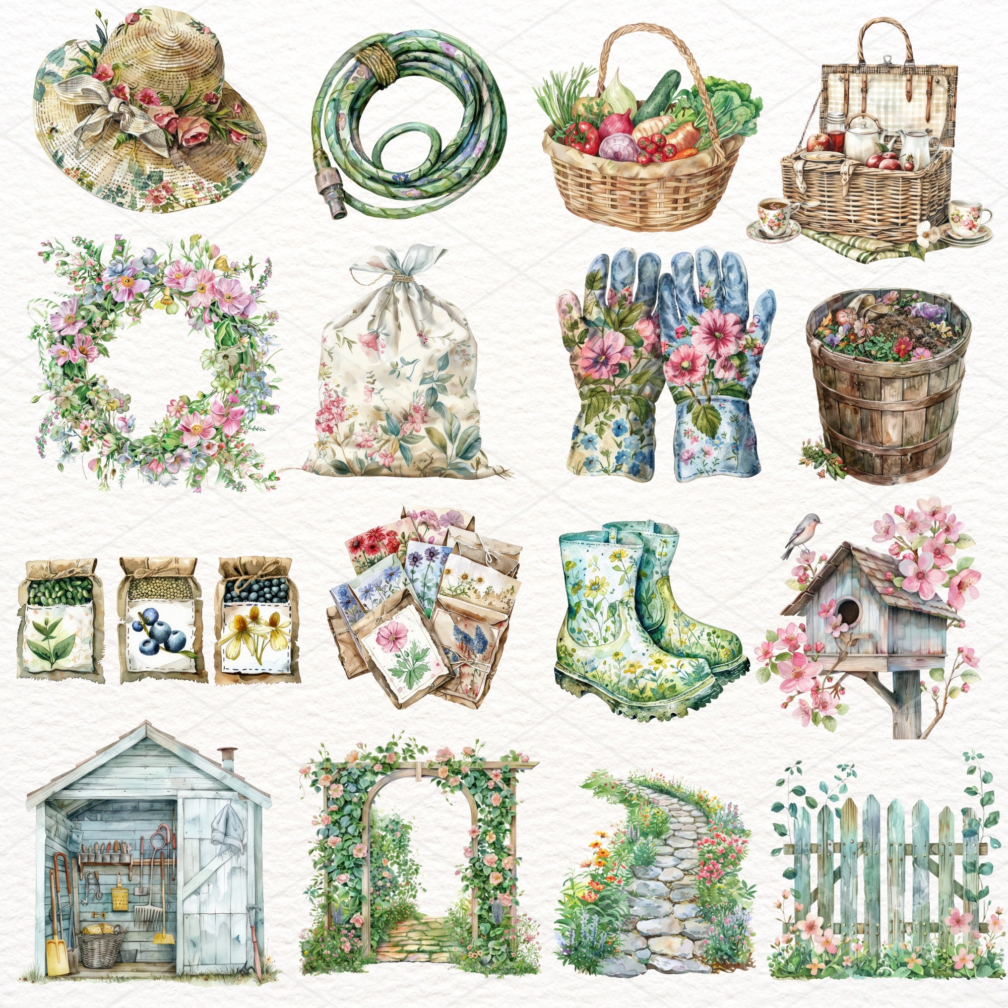 Gardening Watercolor Clipart, Spring Garden, Summer Garden, Gardening ...