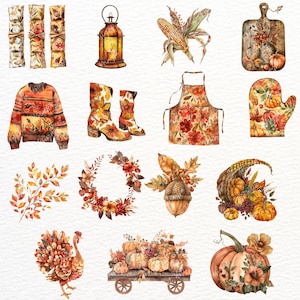 Watercolor Thanksgiving Day Clipart, Autumn Fall Holiday, Retro ...