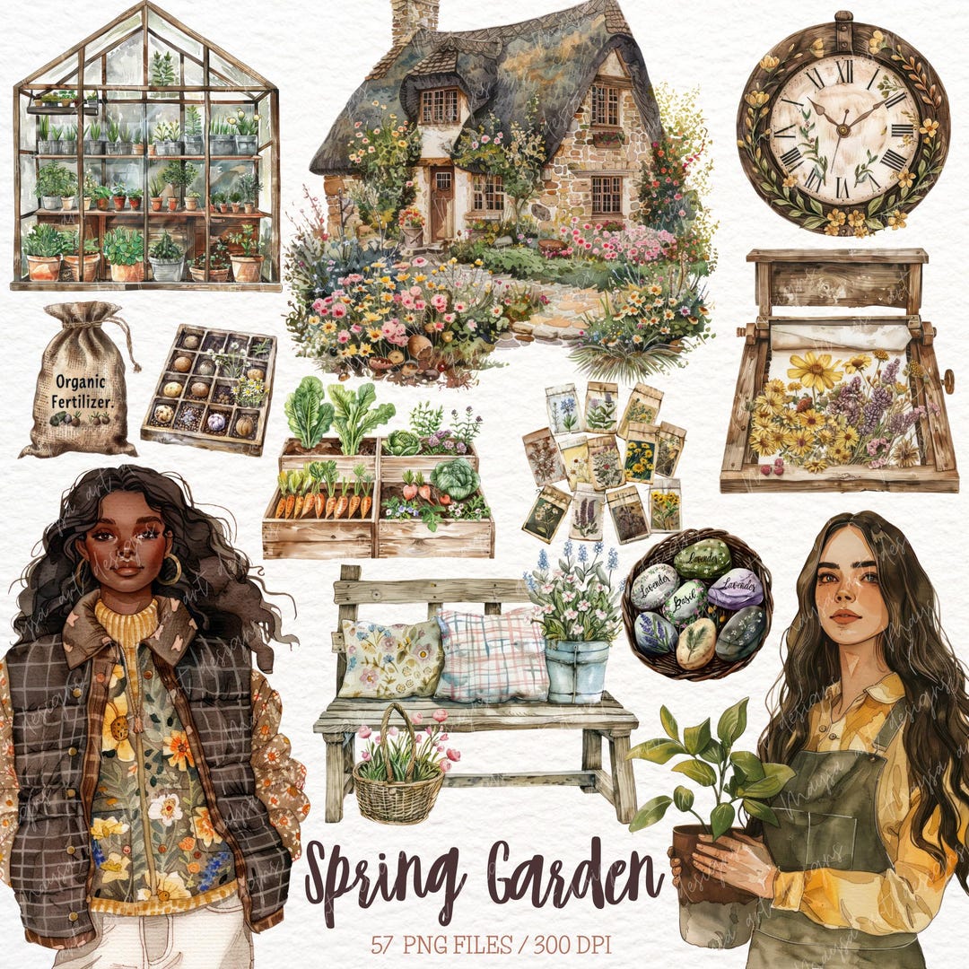 Watercolor Spring Garden Clipart, Floral Garden, Cottagecore, Cozy ...