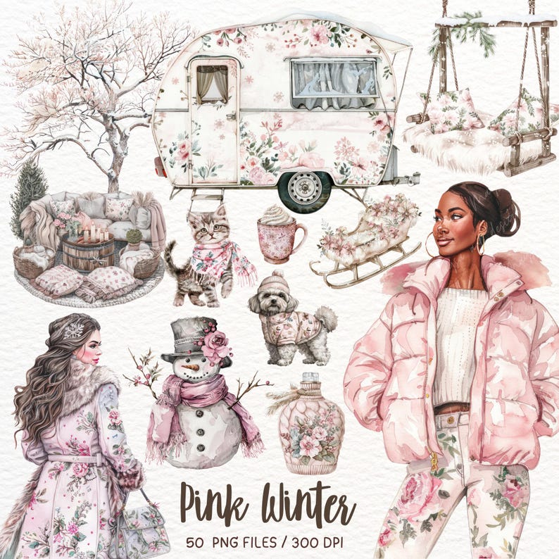 Watercolor Pink Winter Clipart: Cottagecore Holiday PNG (digital ...