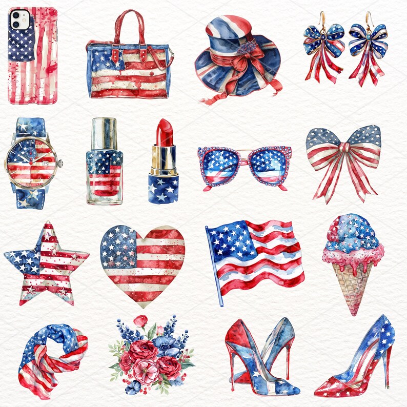 4th of July Clipart, Watercolor Independence Day Clipart, American Girl ...