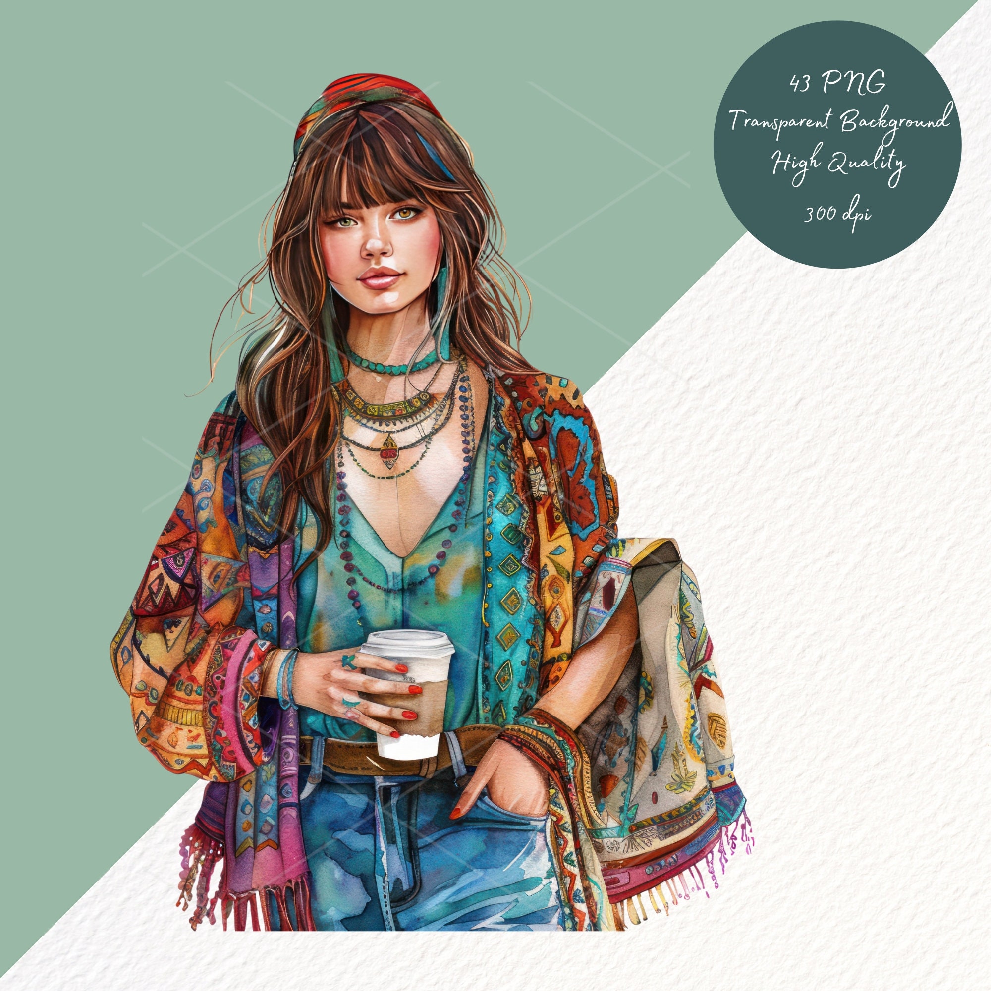 Watercolor Boho Coffee Clipart: Coffee Shop PNG Stickers (commercial ...