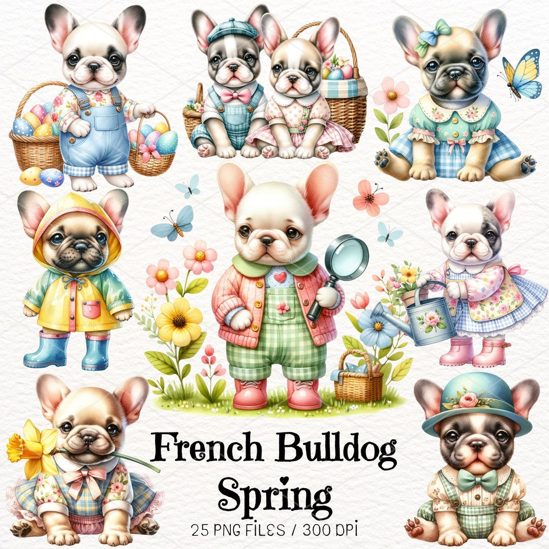 Spring Clipart Bundle PNG, French Bulldog Clipart, Cute Frenchie ...