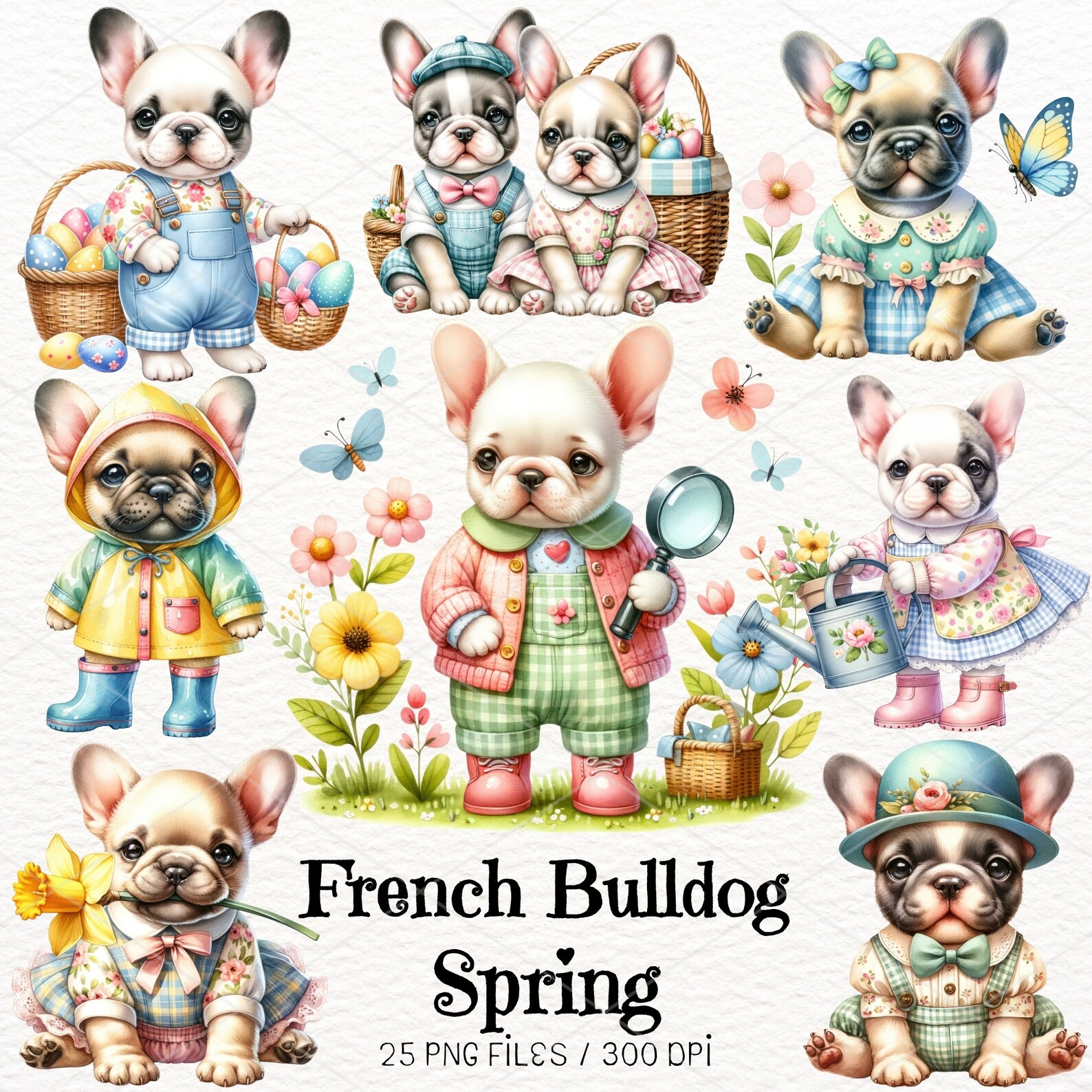 Spring French Bulldog Clipart: Watercolor Frenchie PNG Bundle (digital ...