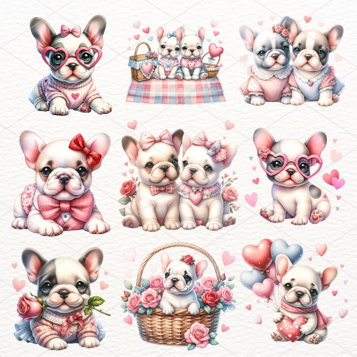 Valentine's Day Animal, Watercolor Clipart, French Bulldog, Valentine's ...