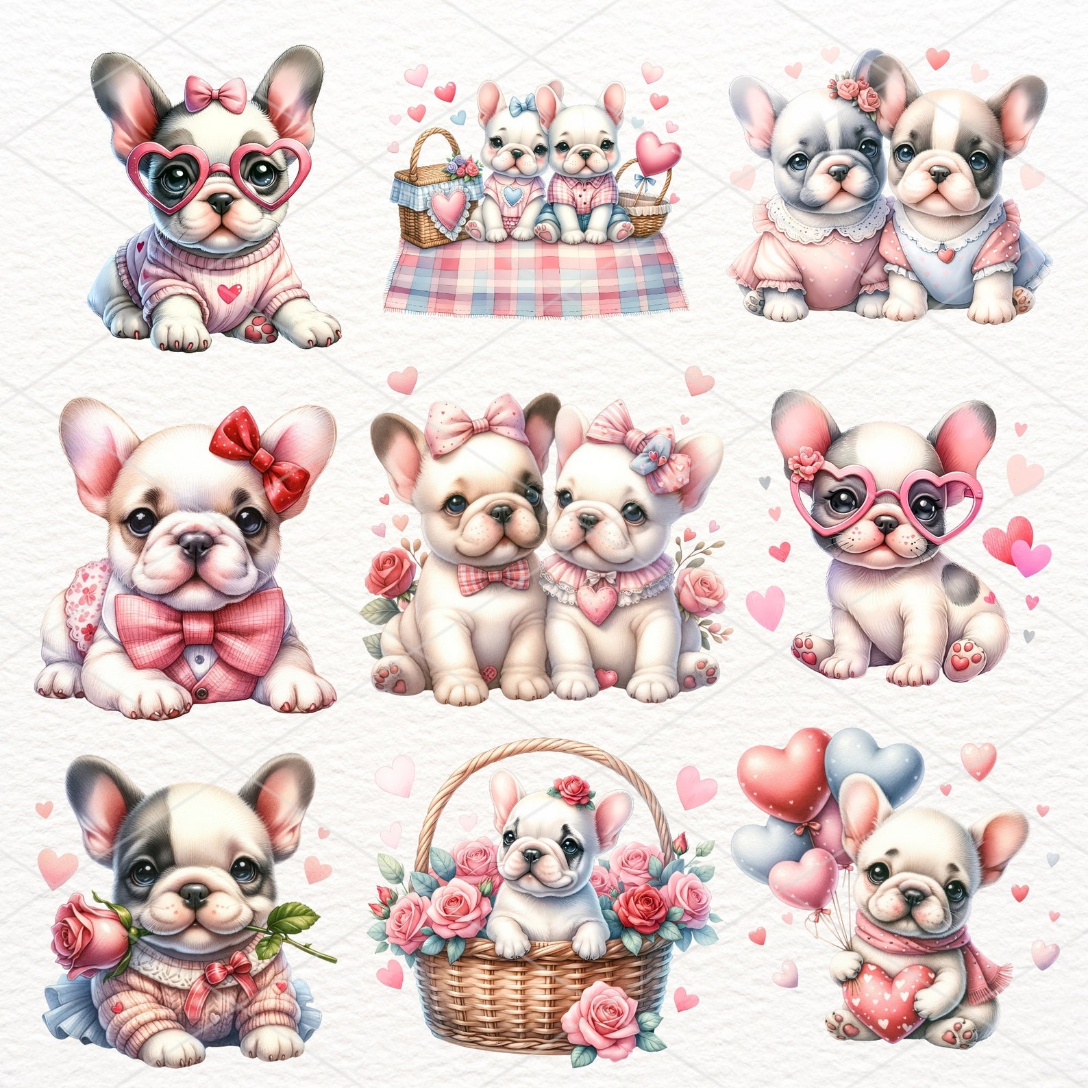 Valentine's Day Animal, Watercolor Clipart, French Bulldog, Valentine's ...