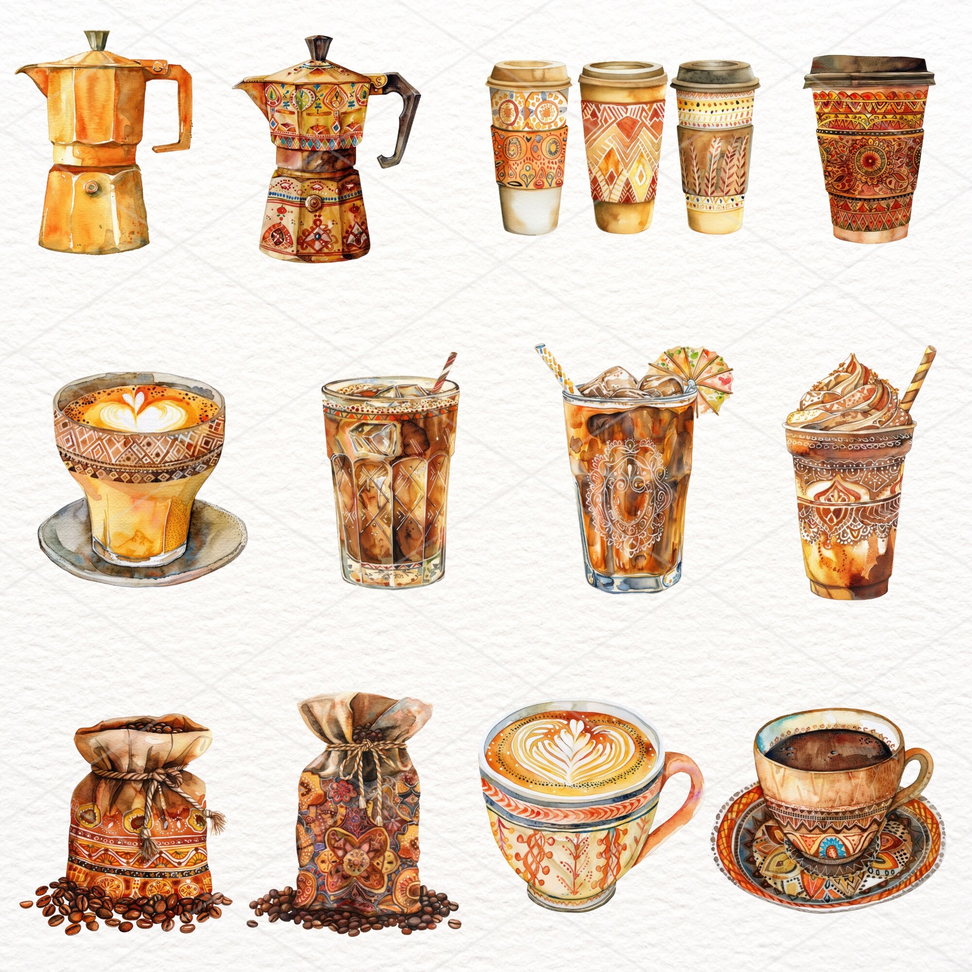 Watercolor Boho Coffee Clipart: Coffee Shop PNG Stickers (commercial ...