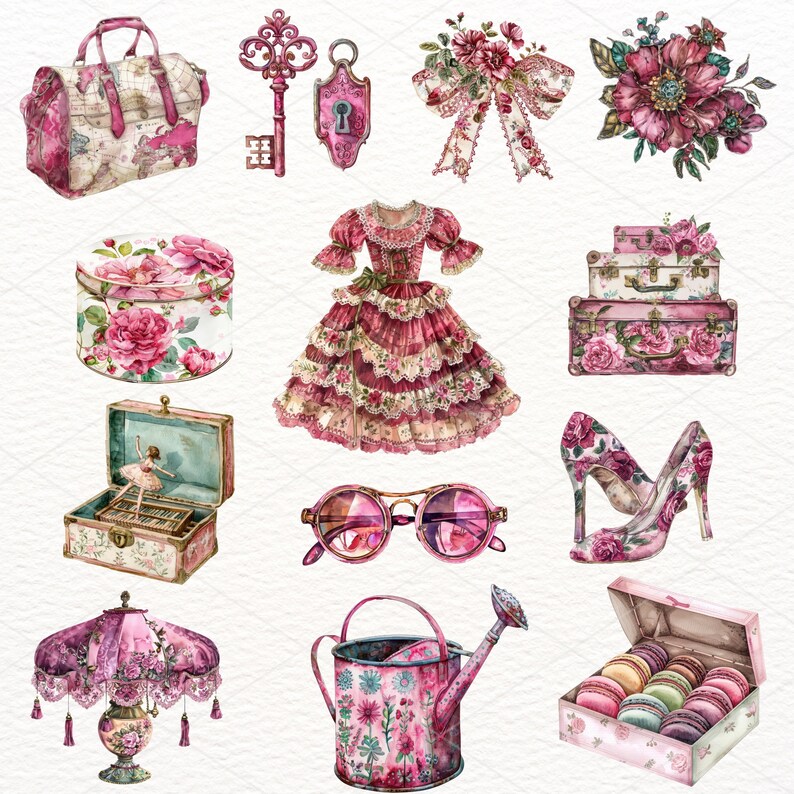 Watercolor Vintage Chic Clipart, Antique Clipart, Vintage Items ...