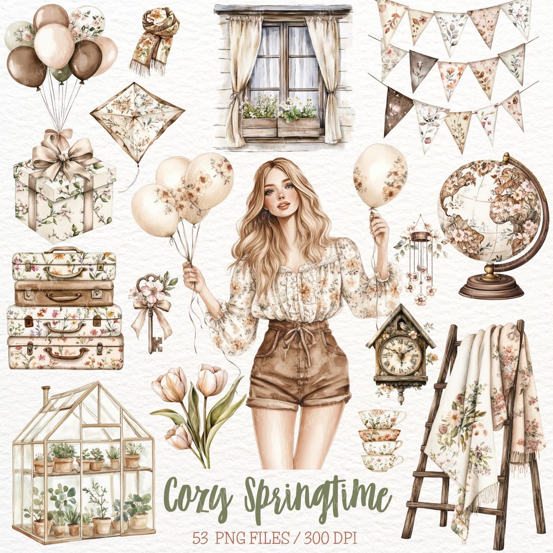 Watercolor Cozy Spring Clipart, Cottagecore Clip Art, Sweet Spring ...