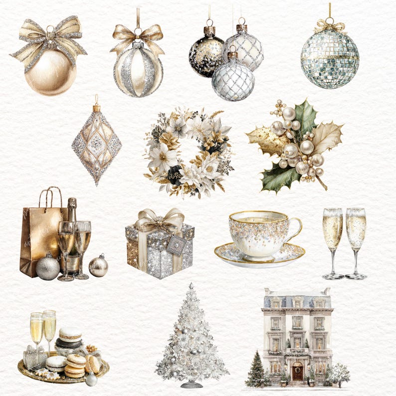 Luxury Glam Christmas Clipart, Gold Silver Champagne Holiday PNG ...