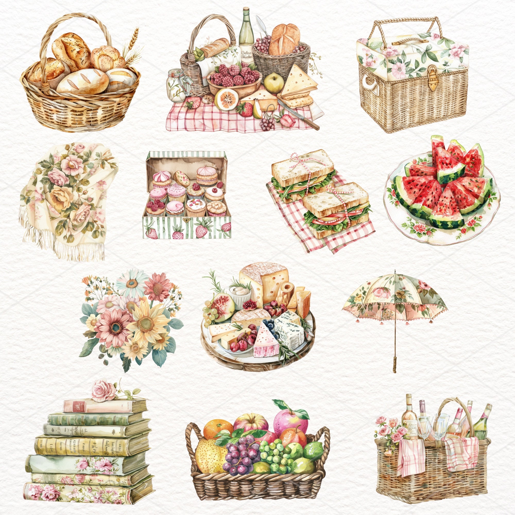 Watercolor Spring Picnic Clipart, Spring Illustration, Cottagecore ...