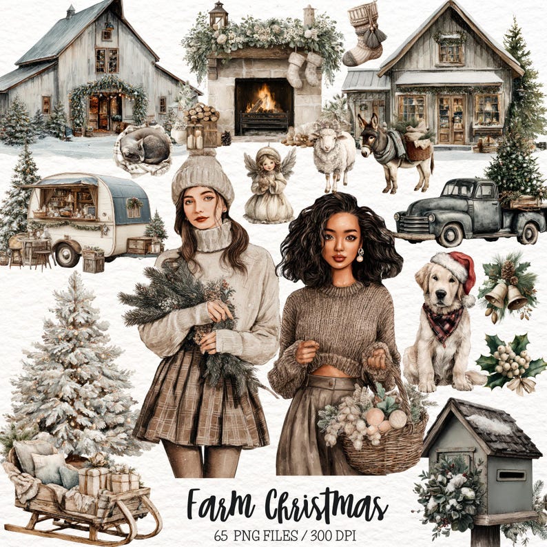 Watercolor Farmhouse Christmas Clipart: Rustic Winter PNG (digital ...