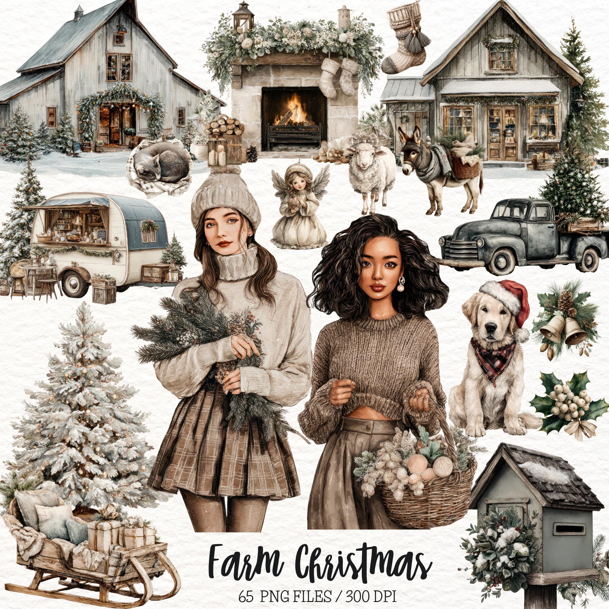 Watercolor Farmhouse Christmas Clipart: Rustic Winter PNG (digital ...