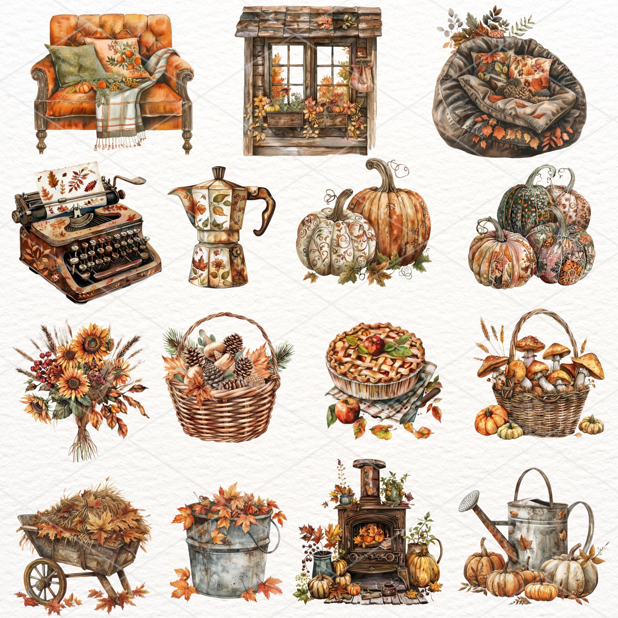 Watercolor Fall Clipart: Rustic Autumn PNG Images (digital Download) - Etsy