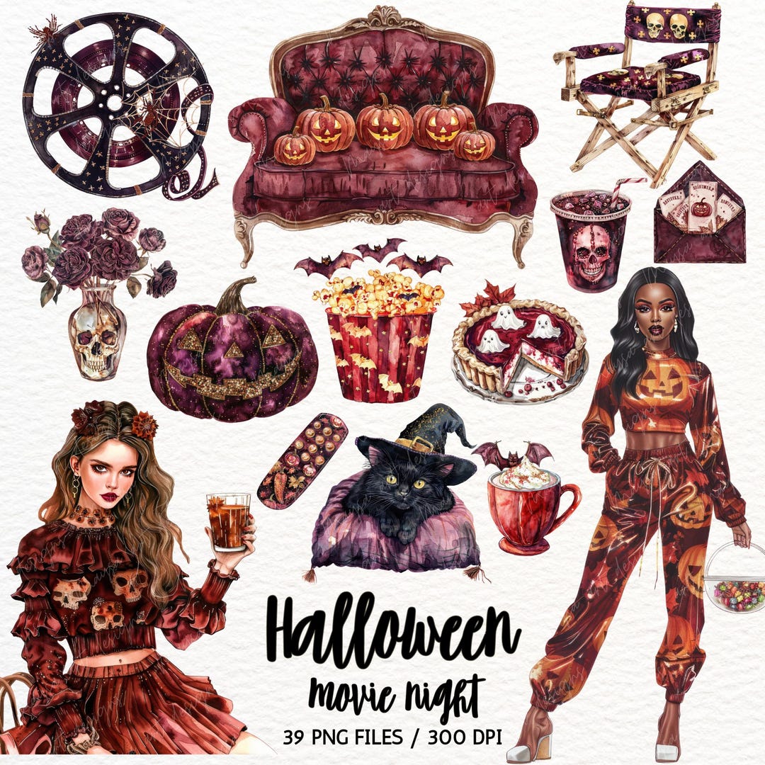 Watercolor Halloween Movie Night Clipart: Spooky PNG Stickers ...
