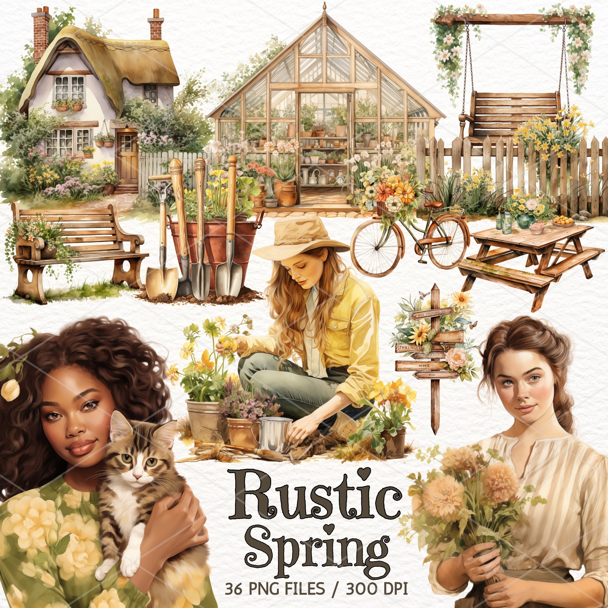 Rustic Spring Watercolor Clipart, Cottagecore Clip Art PNG, Spring ...