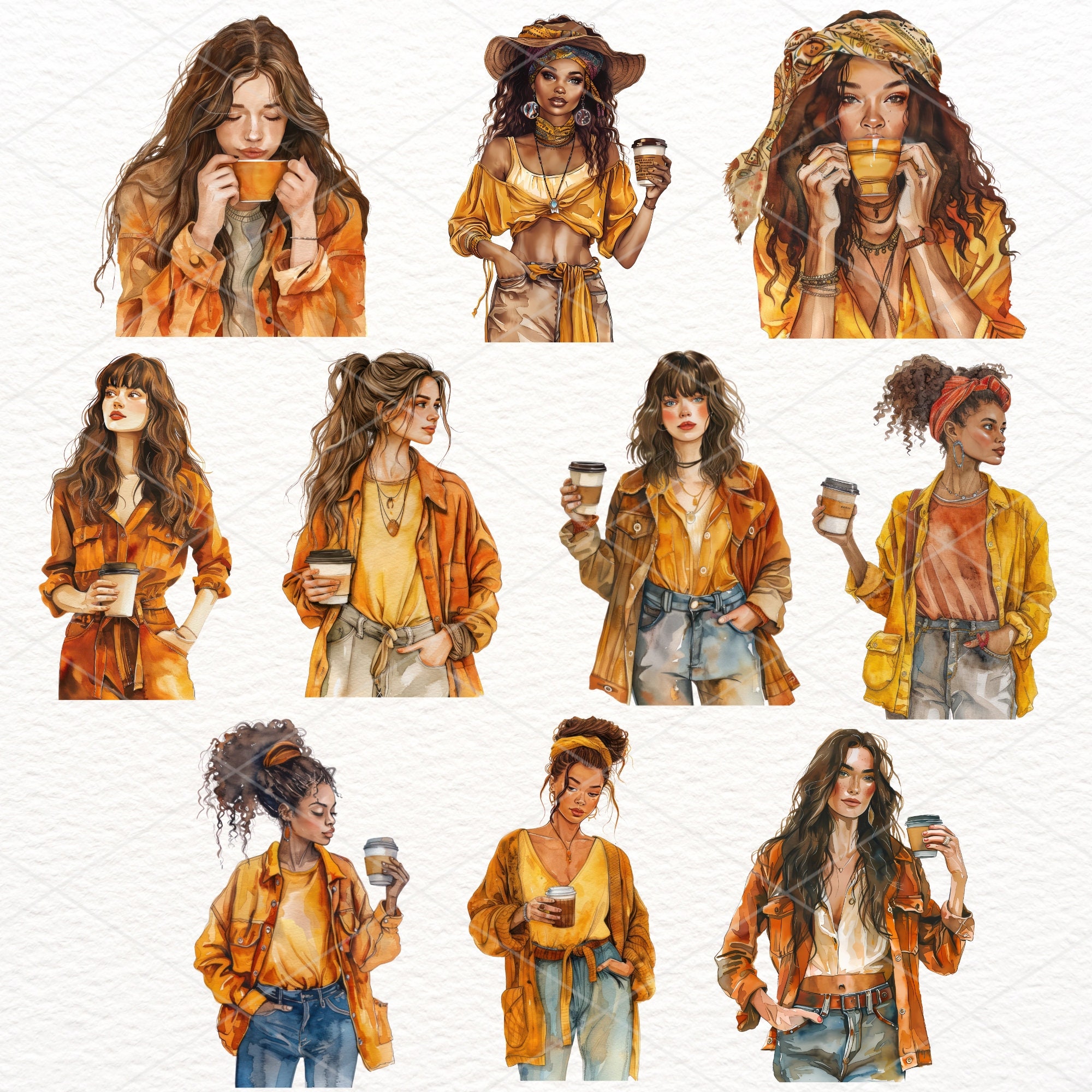 Watercolor Boho Coffee Clipart: Coffee Shop PNG Stickers (commercial ...