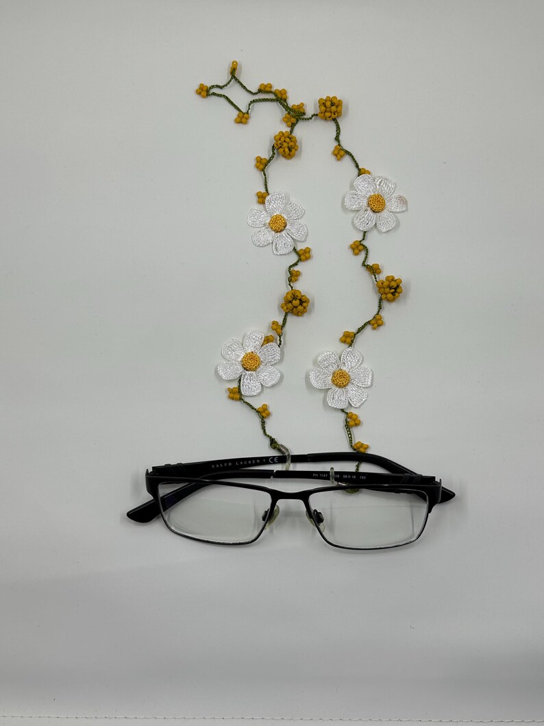 White Daisy Flower Turkish Oya Lace Glasses Chain With Yellow Beads - Etsy