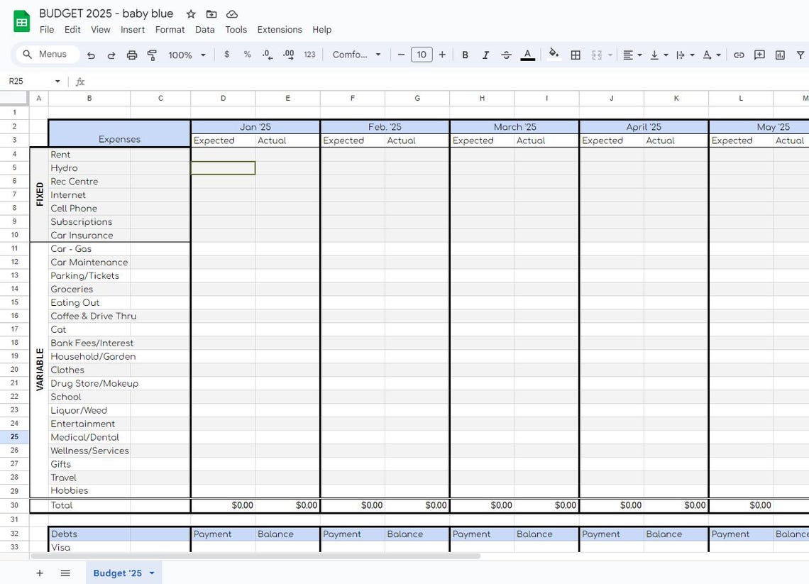 2025 Standard Budget Planner Google Sheet Spreadsheet – Baby Blue Color ...