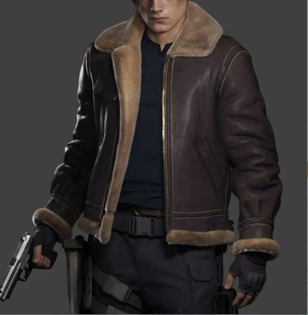 RE 4 Leon Scott Kennedy B3 Bomber Faux Fur Real Cowhide Leather Jacket ...