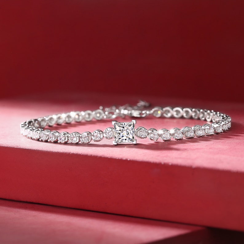 925 Sterling Silver Round White Moissanite Tennis Bracelet For Women