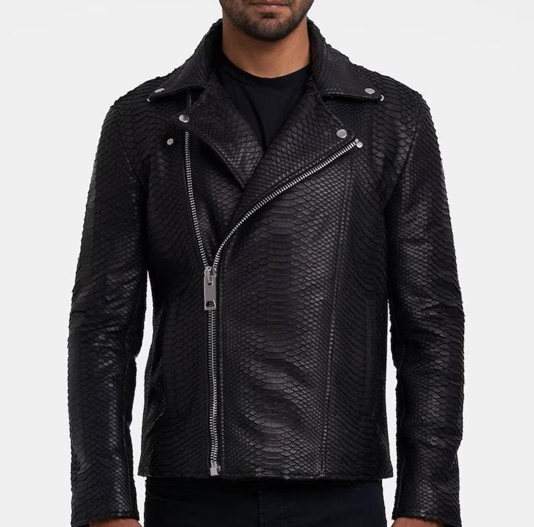 Stylish Men's Black Python Leather Jacket Snakeskin Moto and Biker ...