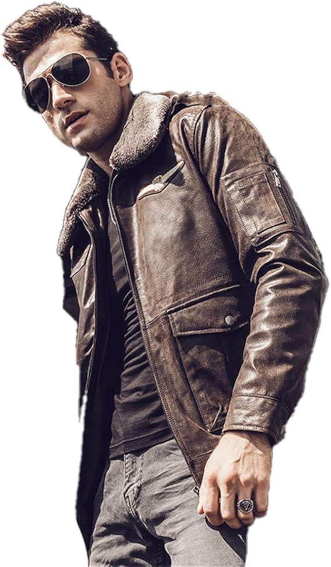 Men's Vintage Pilot Leather Jacket Genuine Pigskin Aviator Bomber for ...