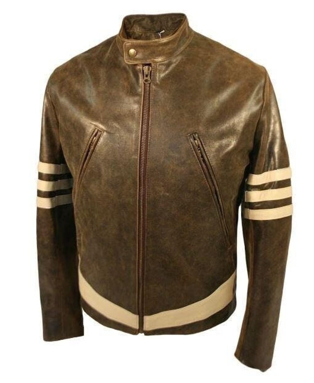 X-men Inspired Leather Jacket With Cream Stripes Wolverine Style - Etsy