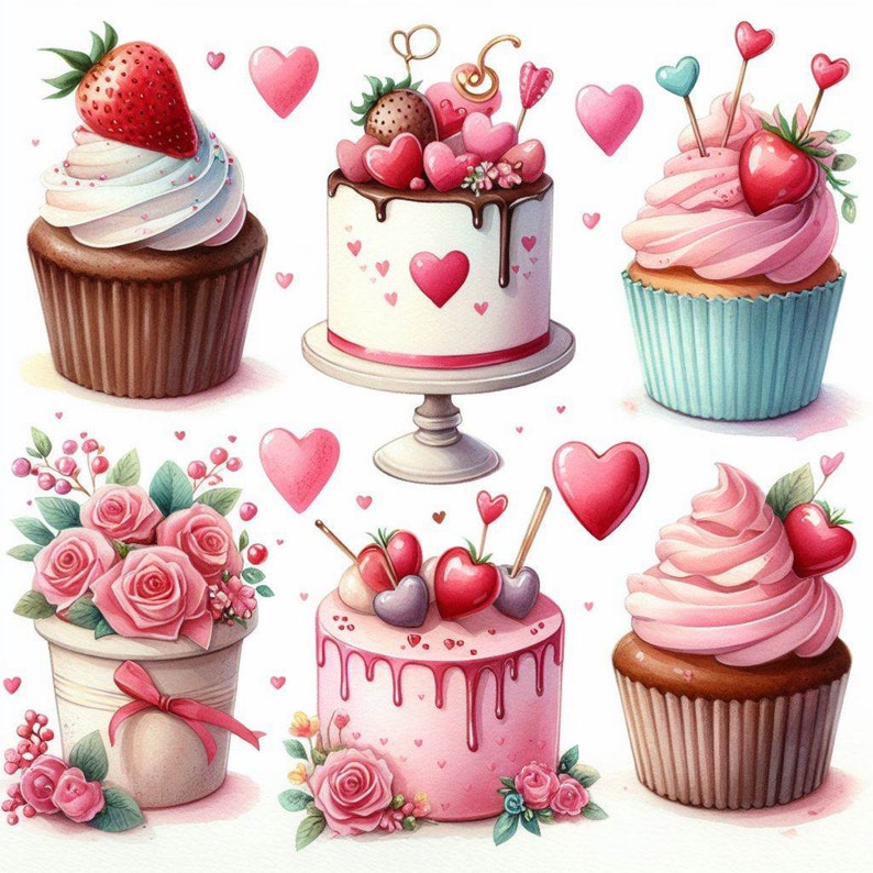 Watercolor Valentines Cakes Clipart, 40 PNG Valentines Day Clipart ...