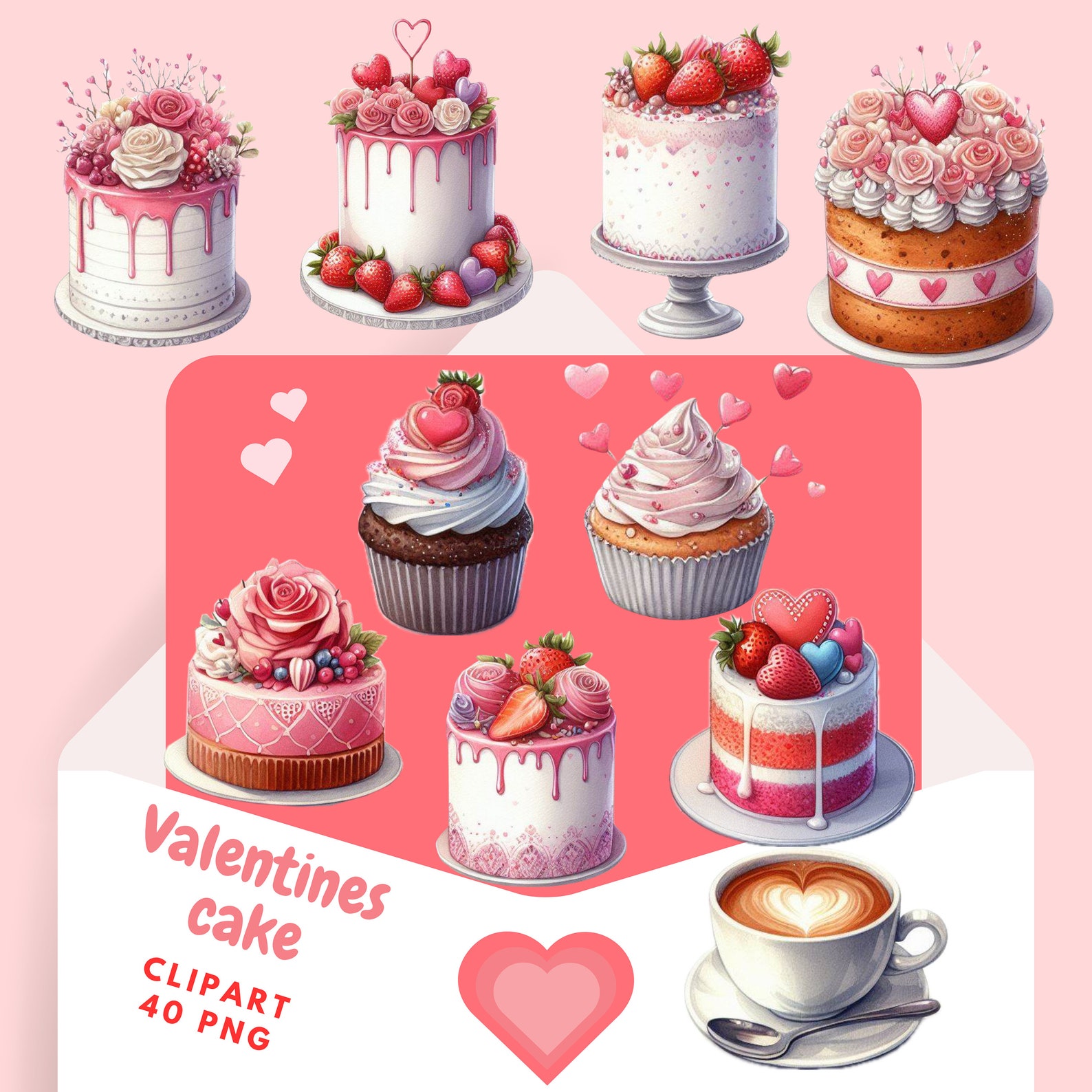 Watercolor Valentines Cakes Clipart, 40 PNG Valentines Day Clipart ...