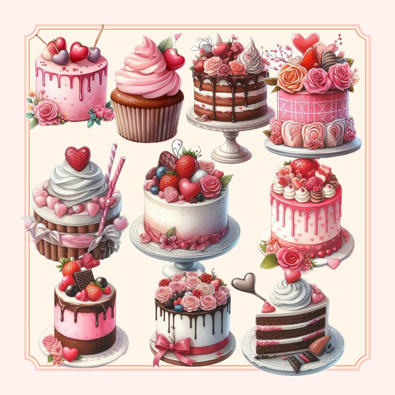 Watercolor Valentines Cakes Clipart, 40 PNG Valentines Day Clipart ...