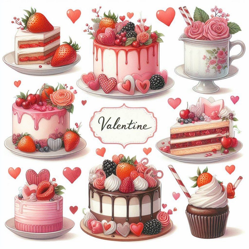 Watercolor Valentines Cakes Clipart, 40 PNG Valentines Day Clipart ...