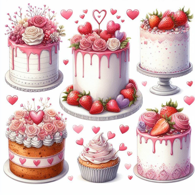 Watercolor Valentines Cakes Clipart, 40 PNG Valentines Day Clipart ...