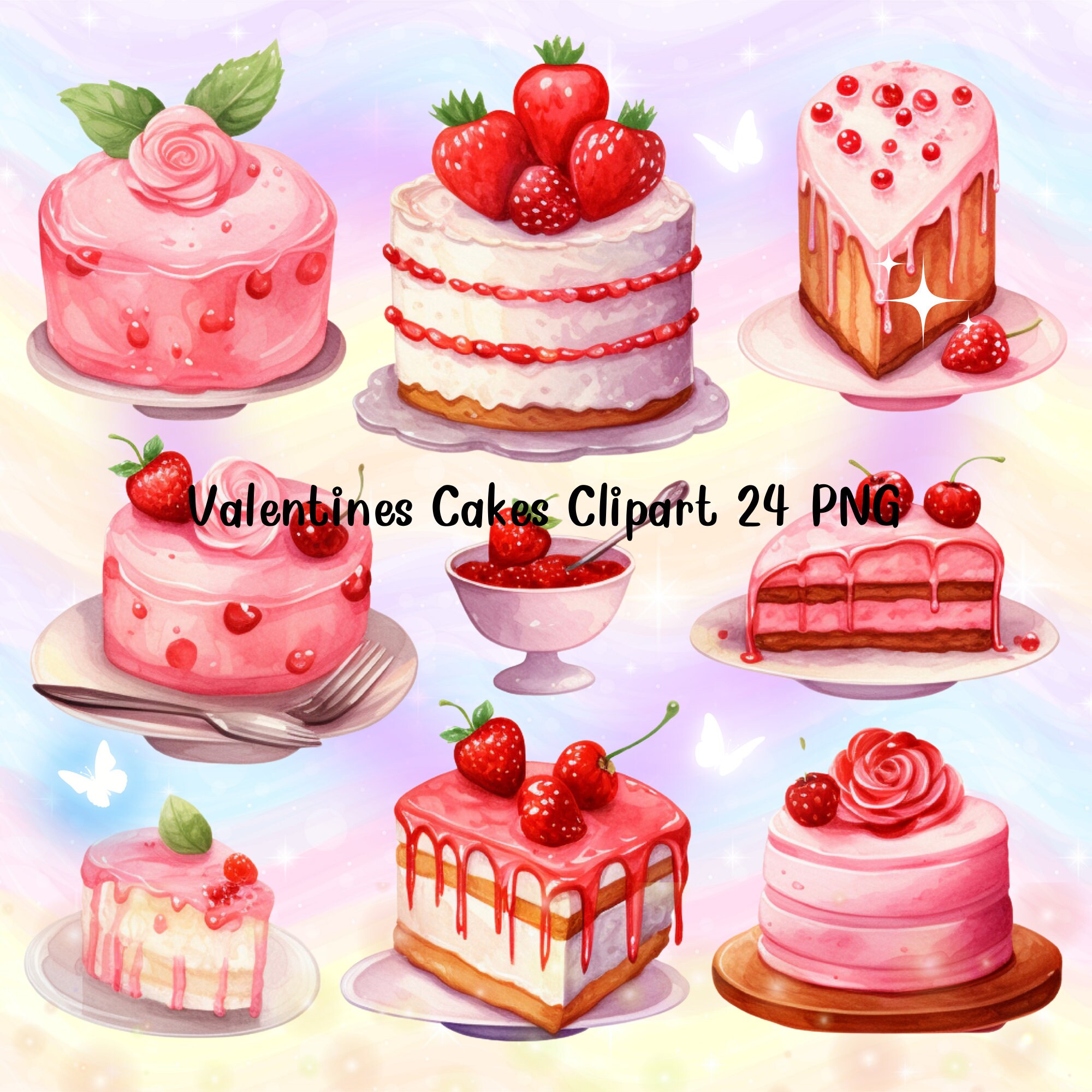 Valentines Cakes Clipart, 24 PNG Valentines Day Clipart, Baking Clipart ...