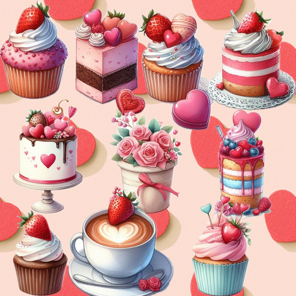 Watercolor Valentines Cakes Clipart, 40 PNG Valentines Day Clipart ...