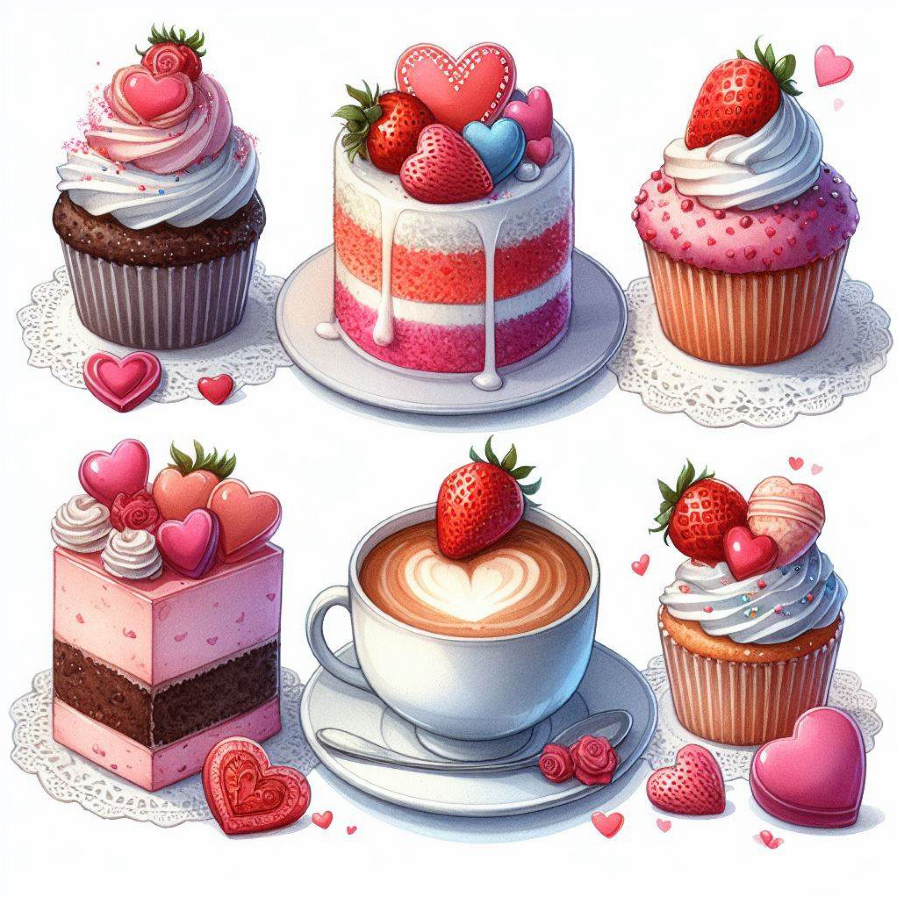 Watercolor Valentines Cakes Clipart, 40 PNG Valentines Day Clipart ...