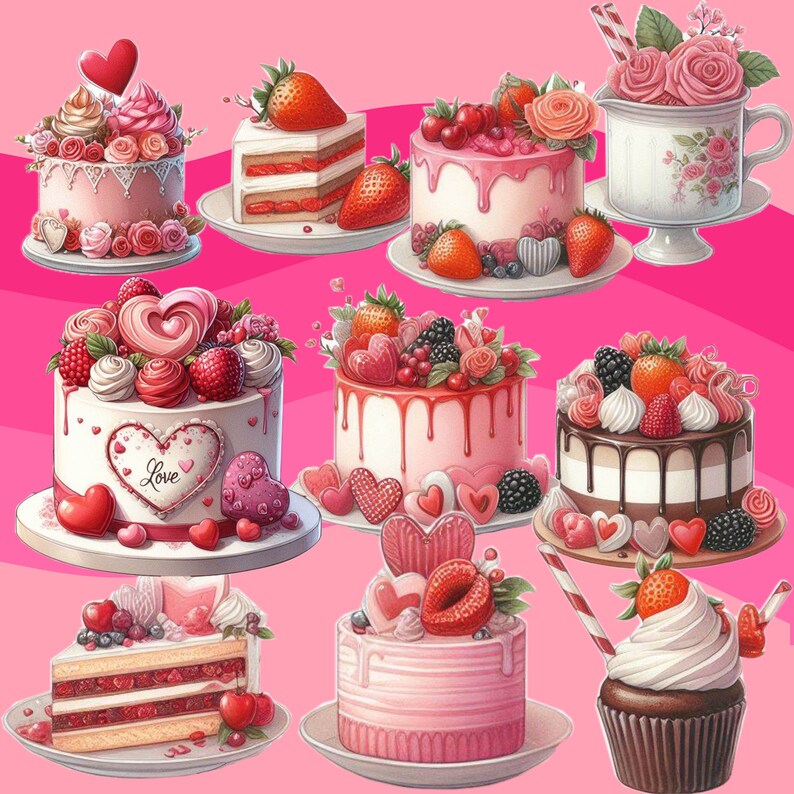 Watercolor Valentines Cakes Clipart, 40 PNG Valentines Day Clipart ...