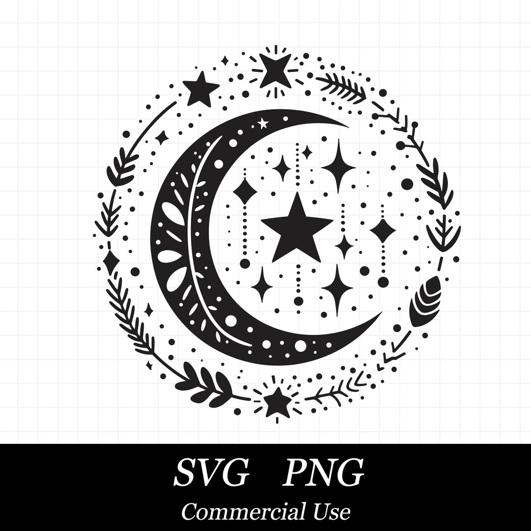 Boho Moon and Stars SVG PNG, Celestial Moon Svg, Floral Moon Svg, SVG ...