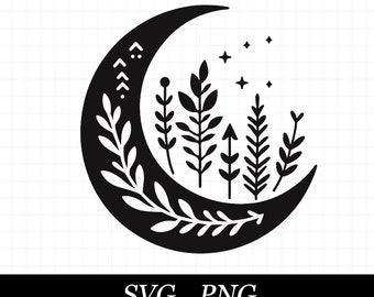 Boho Moon and Stars SVG PNG, Celestial Moon Svg, Floral Moon Svg, SVG ...
