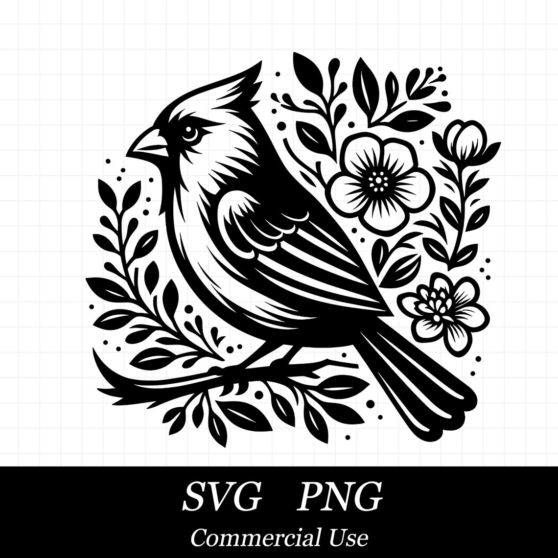 Floral Cardinal Bird SVG PNG, Botanical Cardinal Svg, Red Cardinal Svg ...