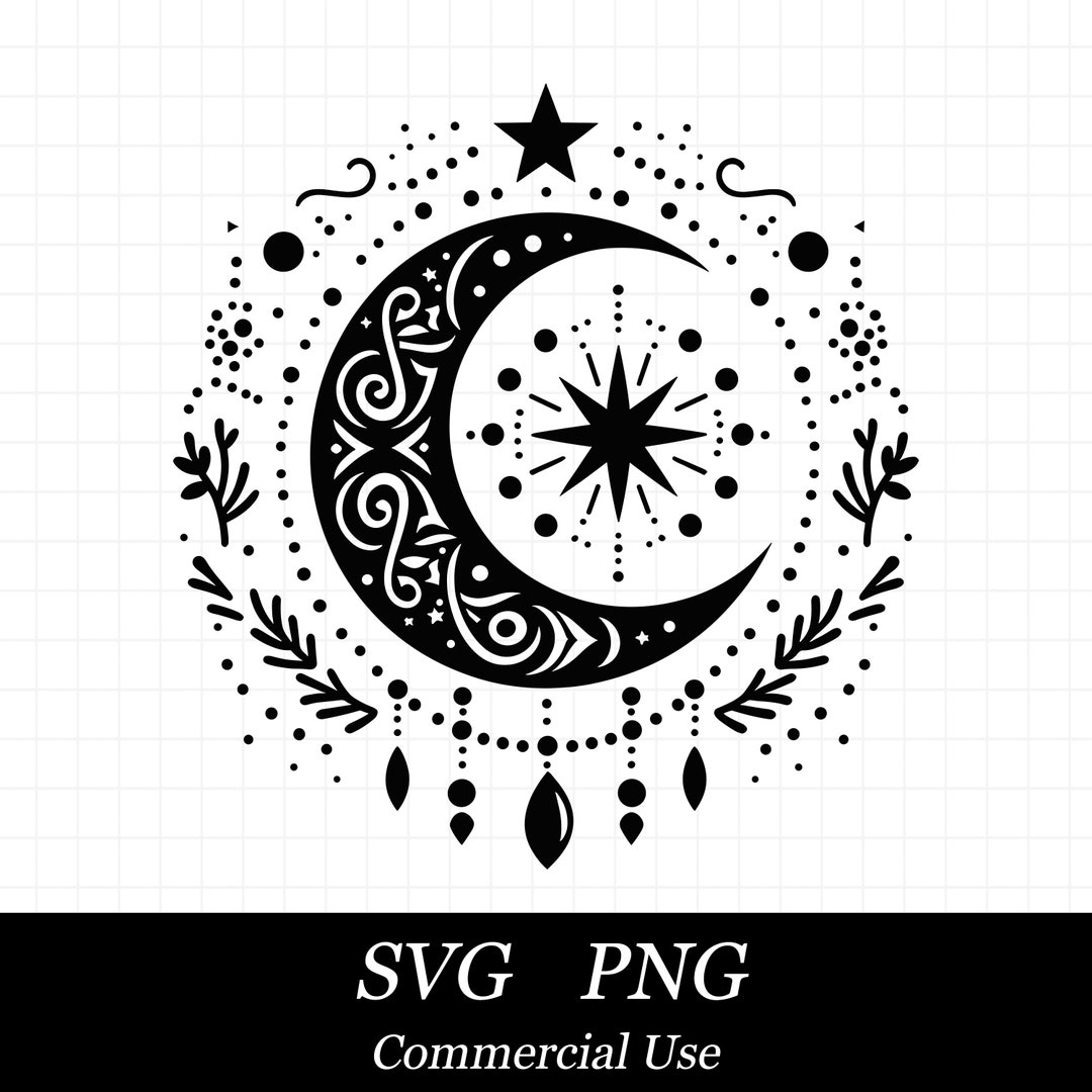 Boho Moon and Stars SVG PNG, Celestial Moon Svg, Tribal Moon Svg, SVG ...