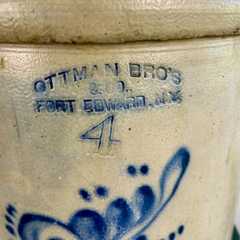 Primitive Antique Ottman Brothers Fort Edward NY 4 Gallon Salt Glazed ...