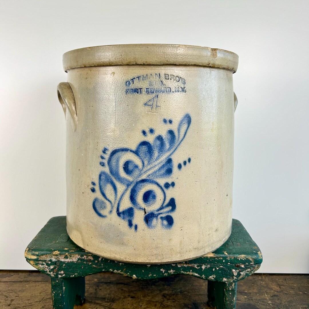 Primitive Antique Ottman Brothers Fort Edward NY 4 Gallon Salt Glazed ...