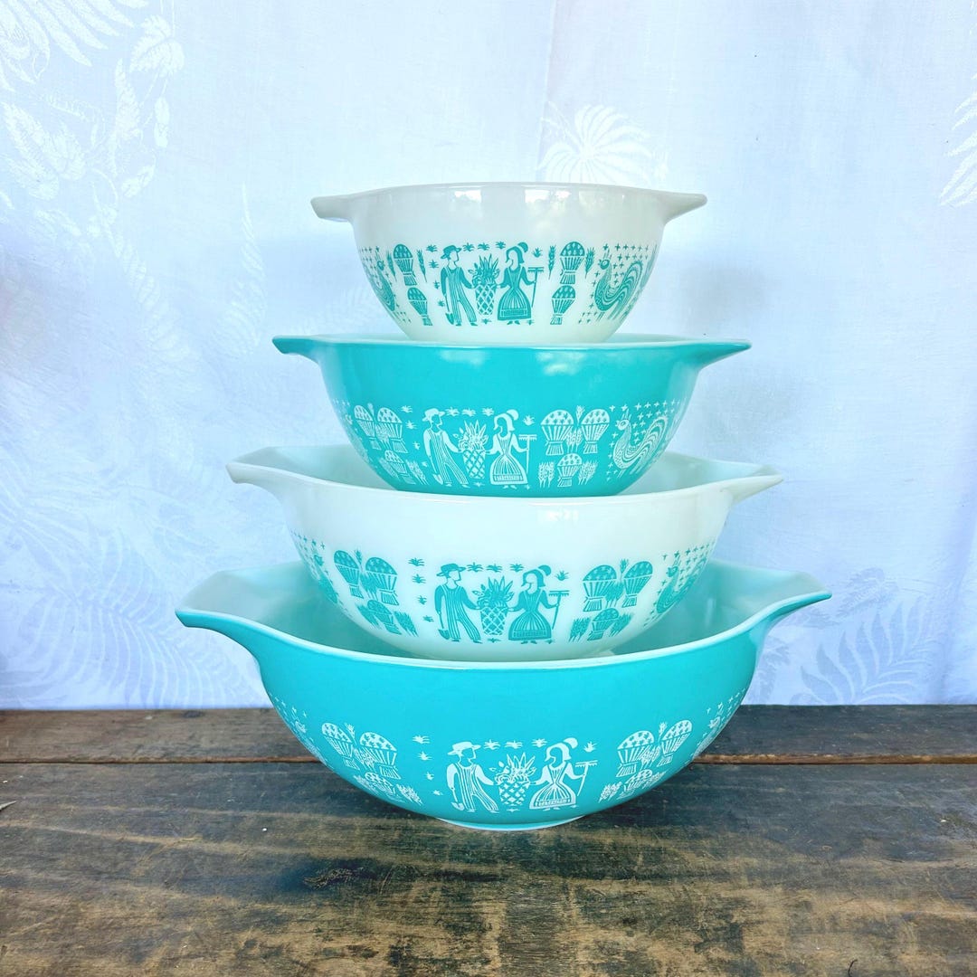 Set of 4 Blue Turquoise and White Pyrex Amish Butterprint Cinderella ...