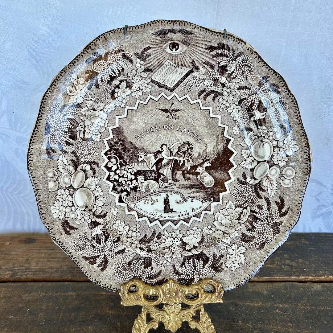 1830 Antique "peace on Earth" Millenium Ceramic Brown Sepia ...