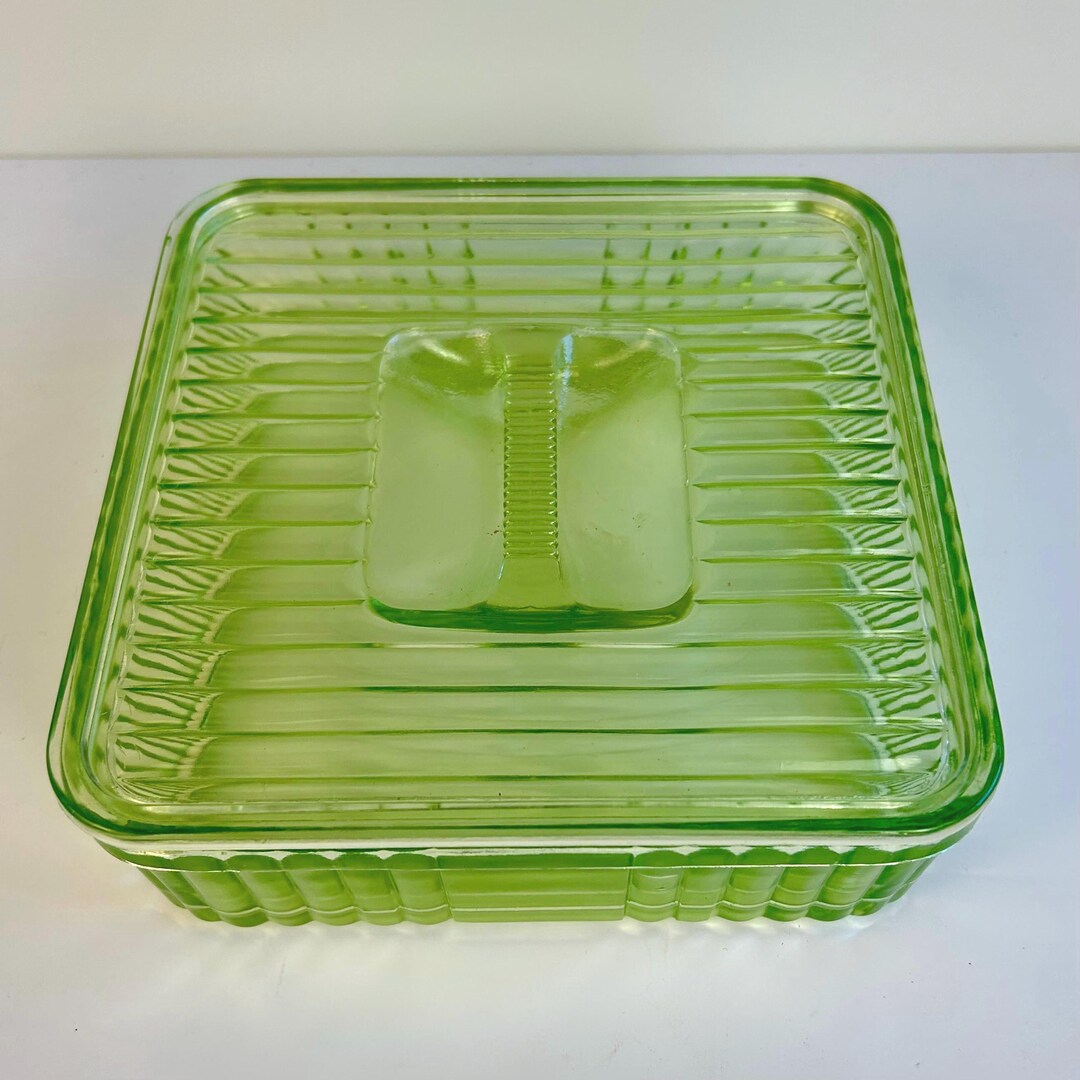 Large Vintage Anchor Hocking Uranium Green Vaseline Glass Lidded ...