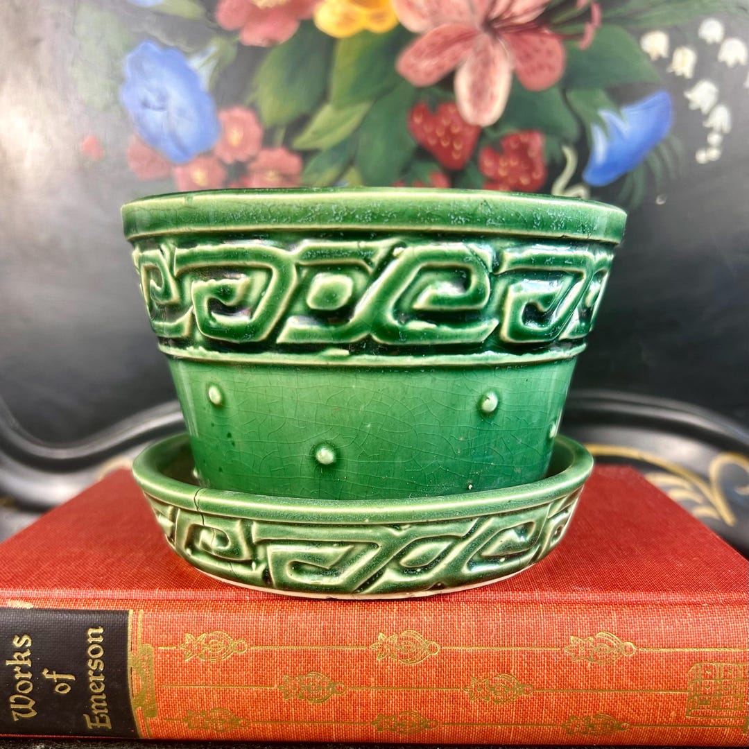 Vintage Mccoy Pottery Greek Key Planter With Attached Saucer in Emerald ...